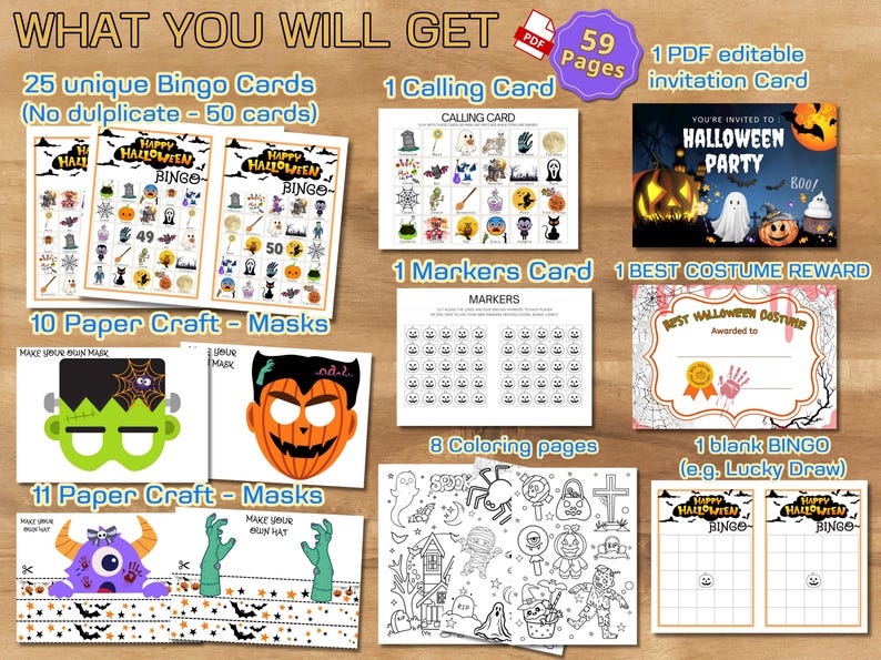 Halloween Party Bundle 50 Unique Printable Bingo Cards, Kids Crafts ...