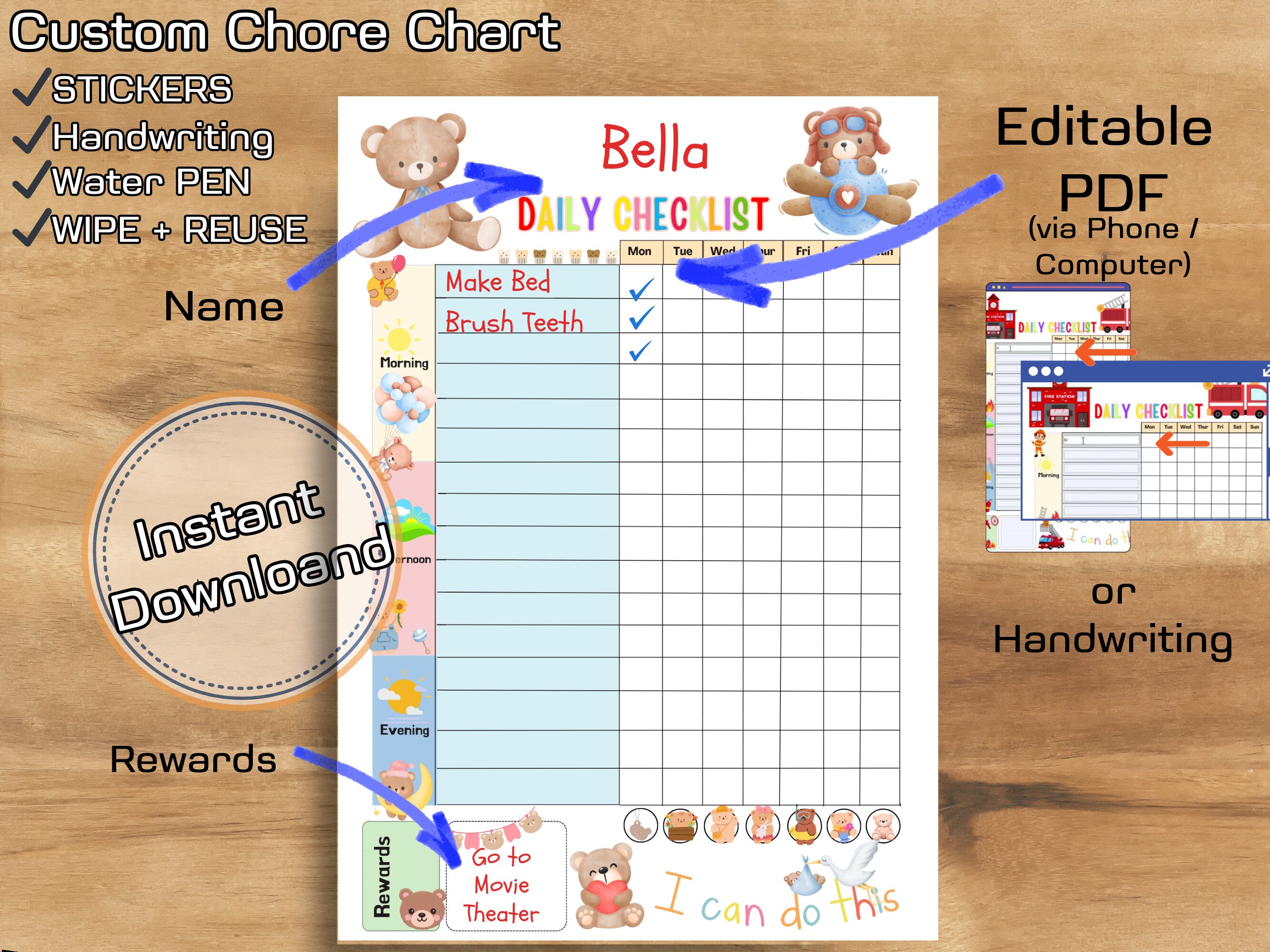 Cute Bear Chore Reward Chart Engage Kids With Adorable Cartoons ...