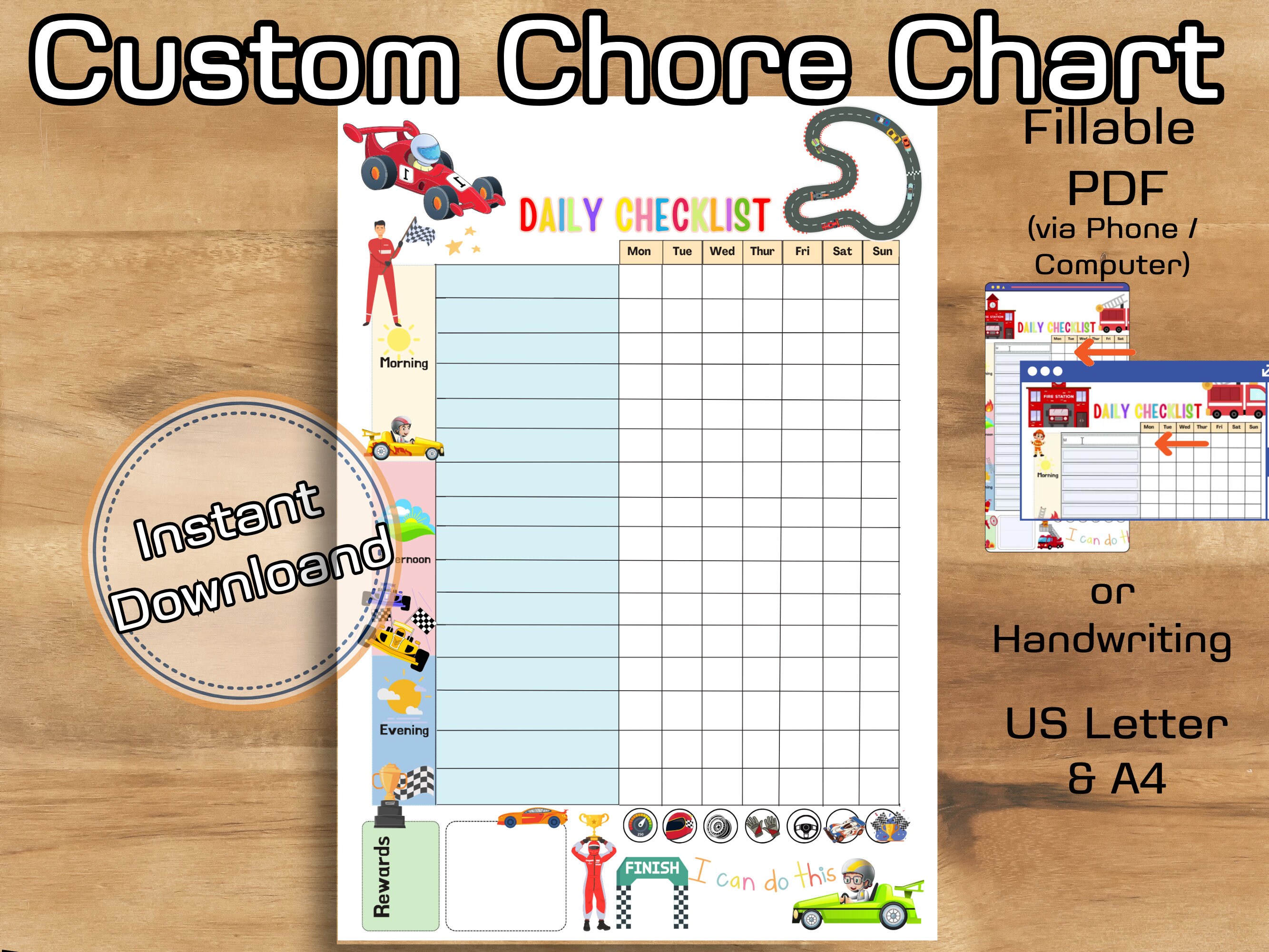 Race Car Chore Chart: Kids Reward System, Weekly Planner (fillable PDF ...