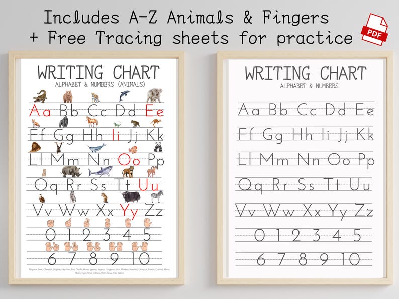 Alphabet Writing Chart Posters A to Z Animals Theme Printable Cursive ...