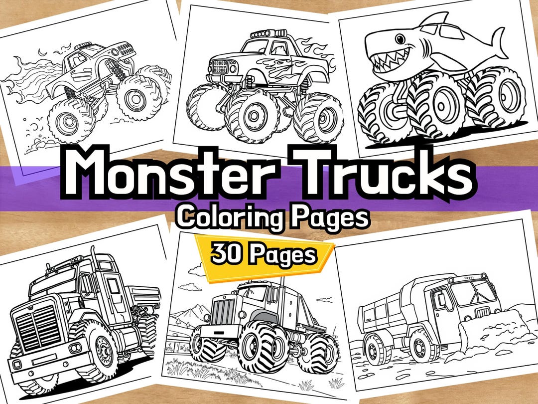 Monster Truck Coloring Book: 30 Printable Activity Pages (PDF Digital ...