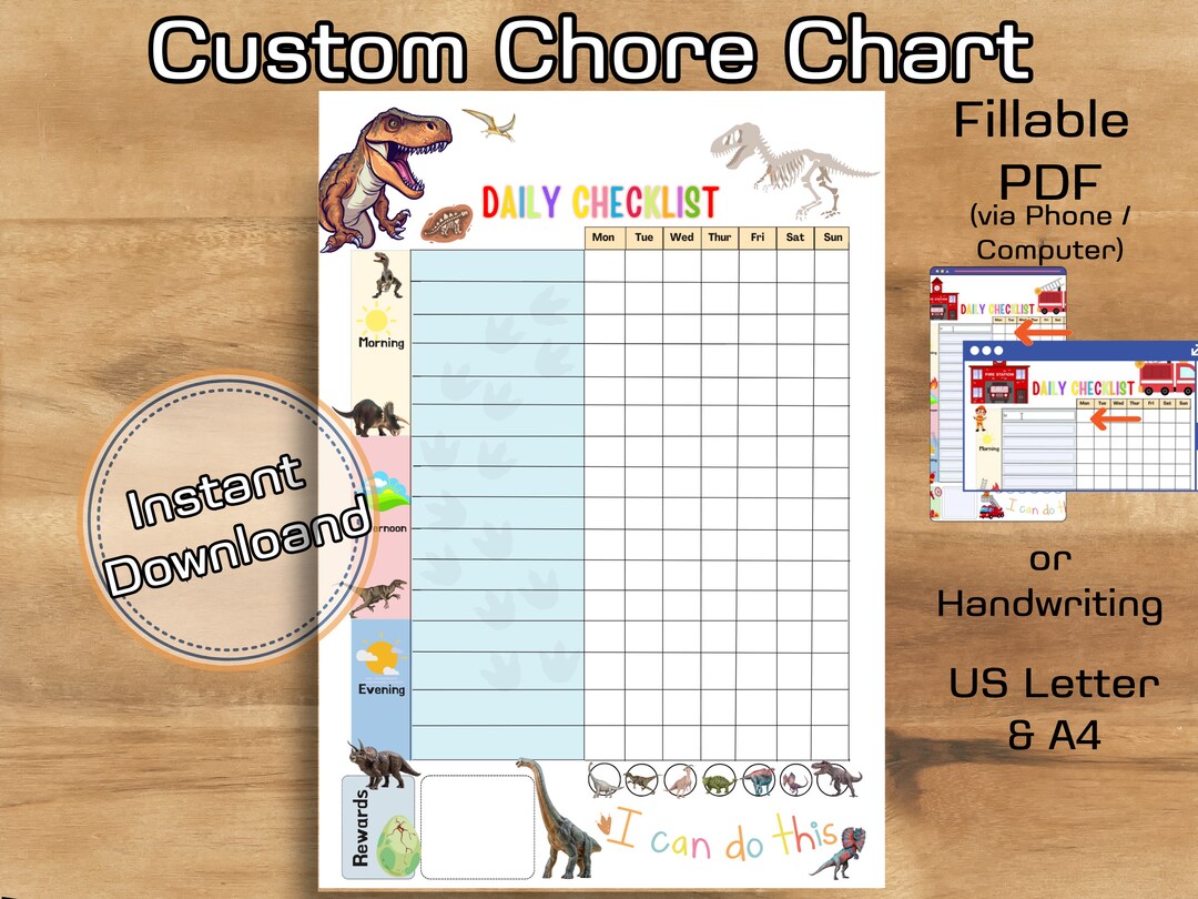 Dinosaur Chore Chart for Kids: Weekly Reward Planner (fillable PDF) - Etsy