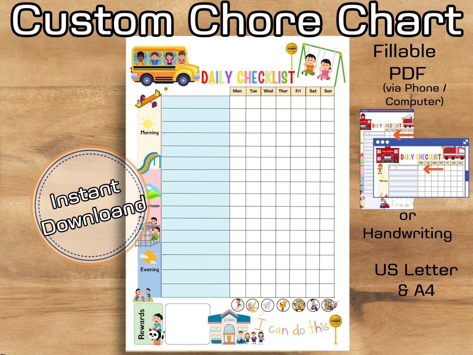 School Bus Chore Chart: Reusable Kids Reward Planner (fillable PDF) - Etsy