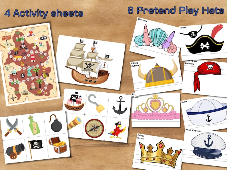 Printable Pirate Fantasy Dress-up Hats Treasure Map Cards Pretend Play ...