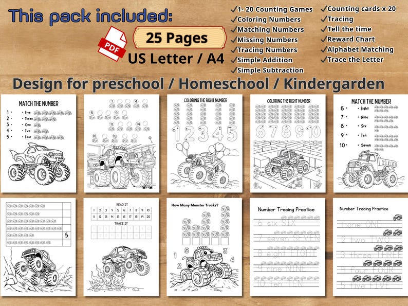 Monster Truck Coloring & Activity Pages: Alphabet, Counting (digital ...