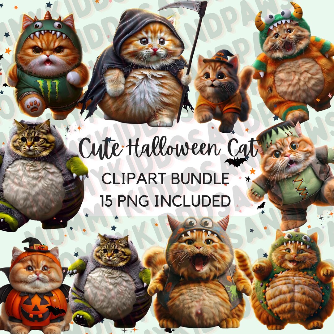 Cute Spooky Cat Cartoon Halloween Clipart Bundle, Pumpkin Cat PNG Funny ...