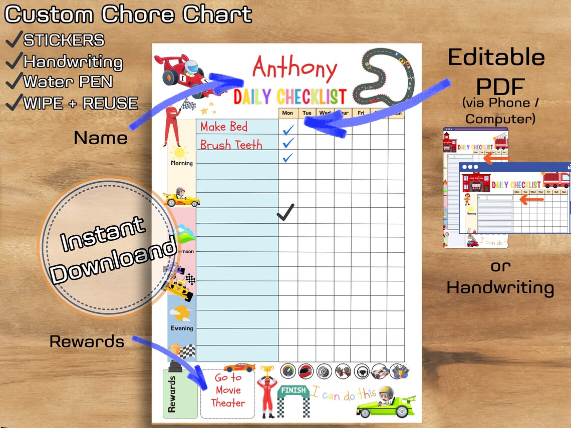 Race Car Chore Chart: Kids Reward System, Weekly Planner (fillable PDF ...