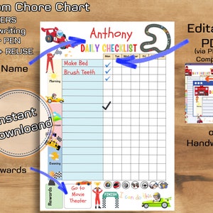 Race Car Chore Chart: Kids Reward System, Weekly Planner (fillable PDF ...