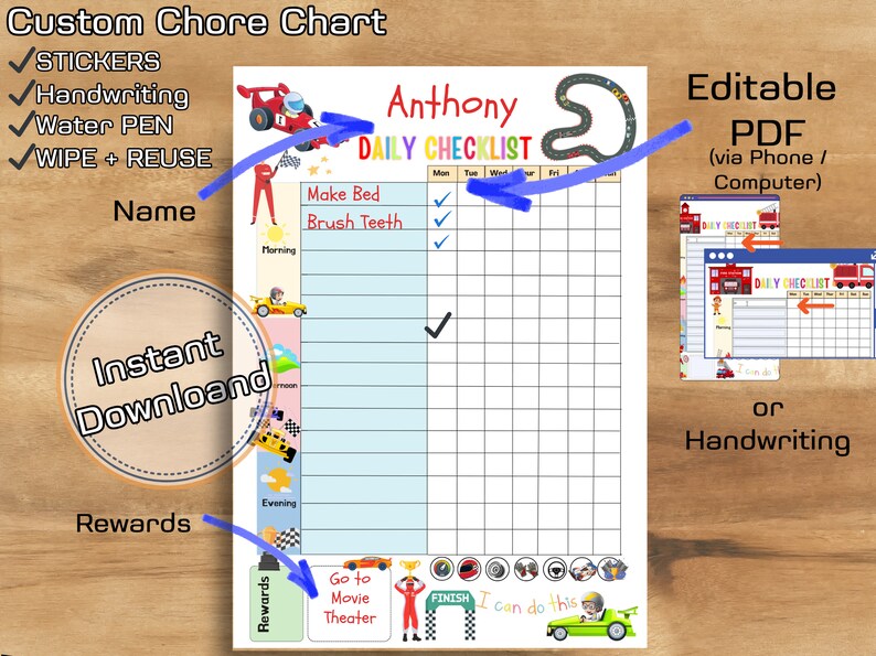 Race Car Chore Chart: Kids Reward System, Weekly Planner (fillable PDF ...