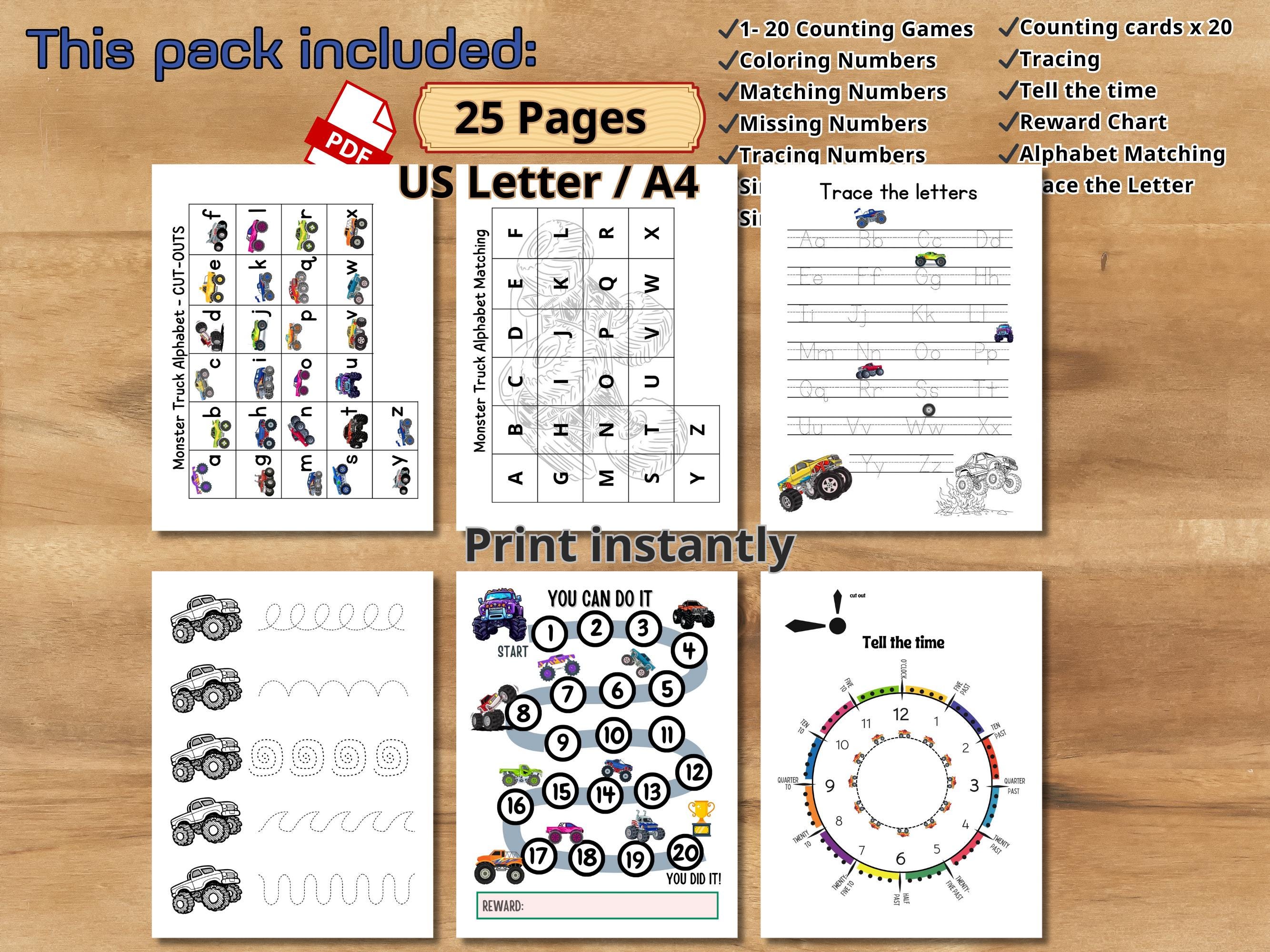 Monster Truck Coloring & Activity Pages: Alphabet, Counting (digital ...