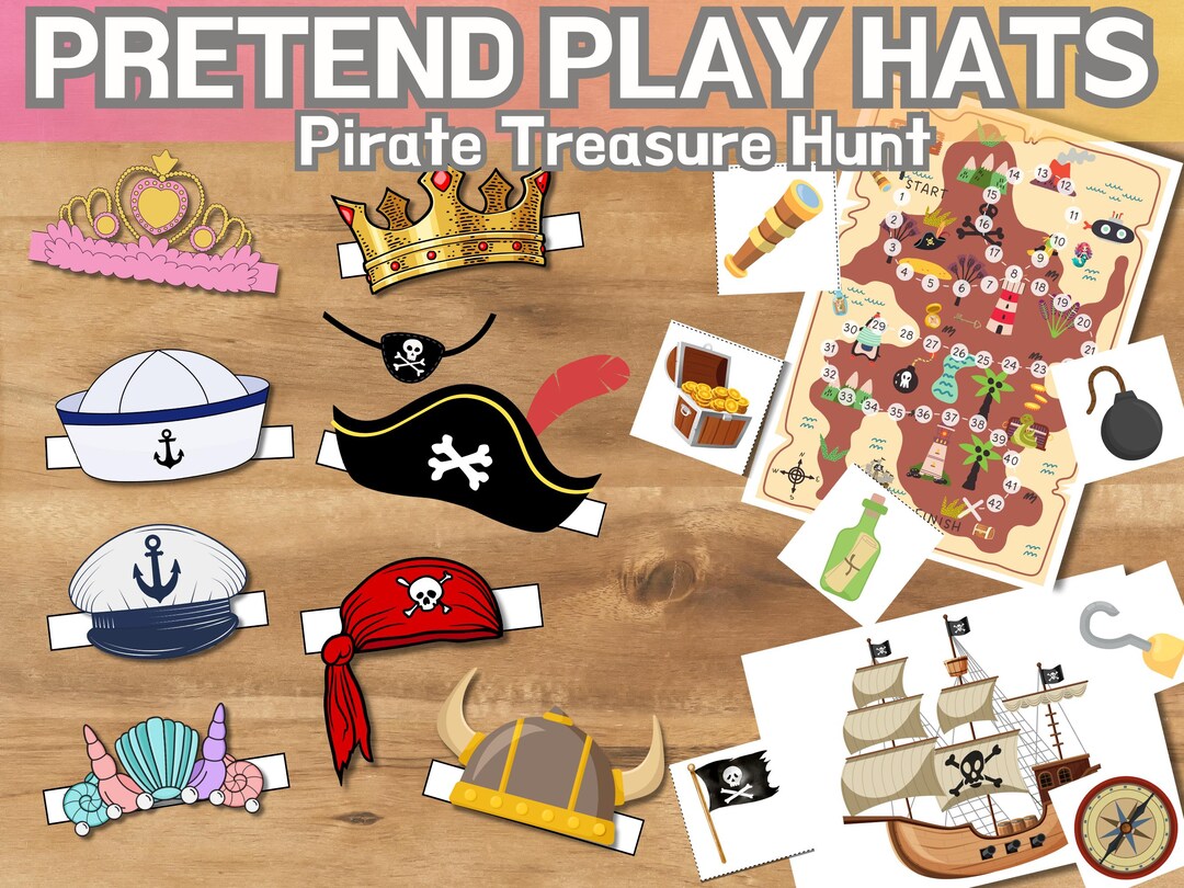 Printable Pirate Fantasy Dress-up Hats Treasure Map Cards Pretend Play ...