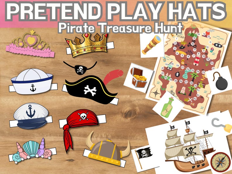 Printable Pirate Fantasy Dress-up Hats Treasure Map Cards Pretend Play ...