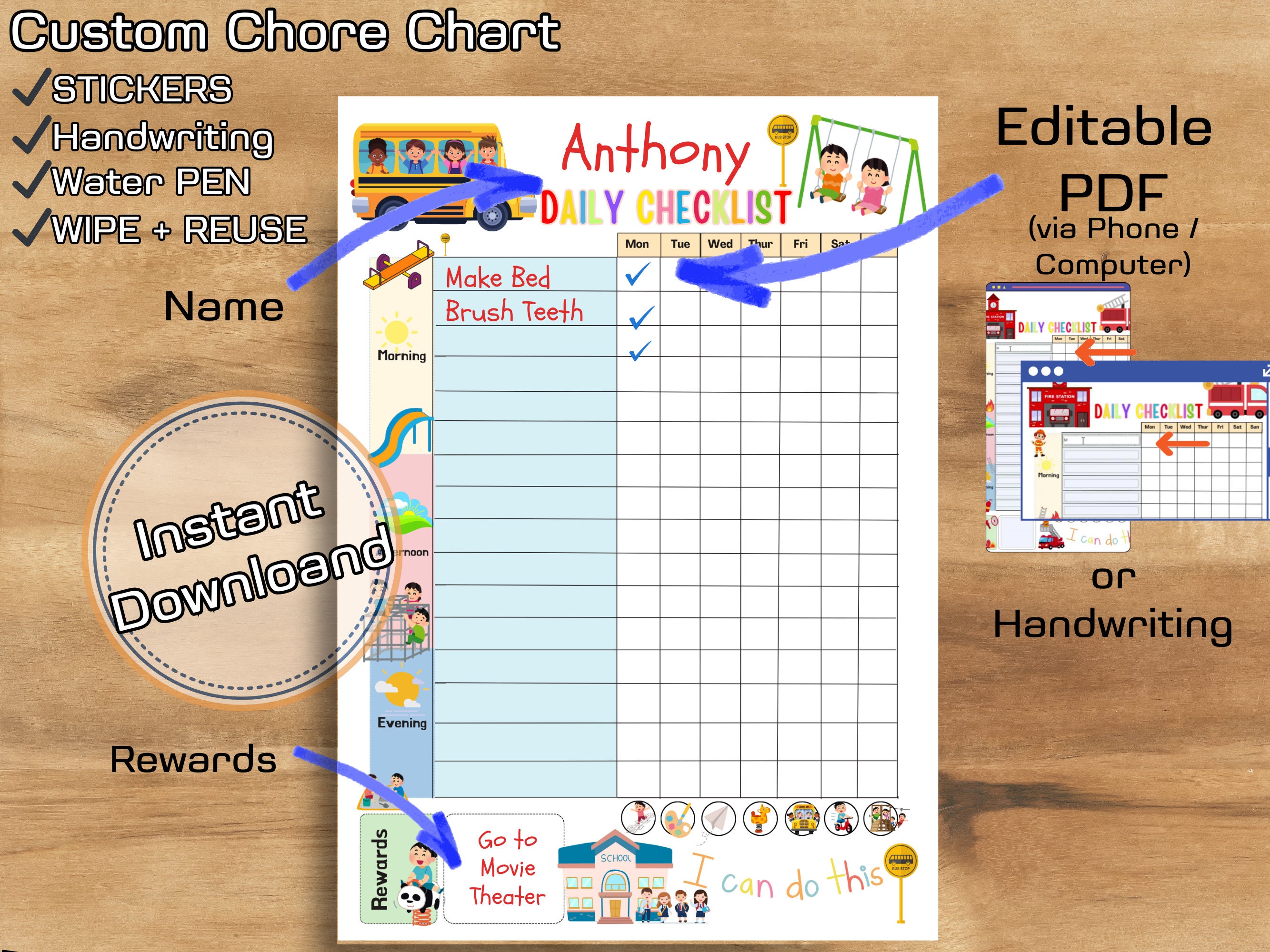 Fun School Bus Chore Reward Chart for Kids With Fillable PDF, Reusable ...
