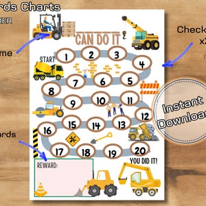 Construction Trucks Reward Chart: Kids Behavior Tracker (digital ...