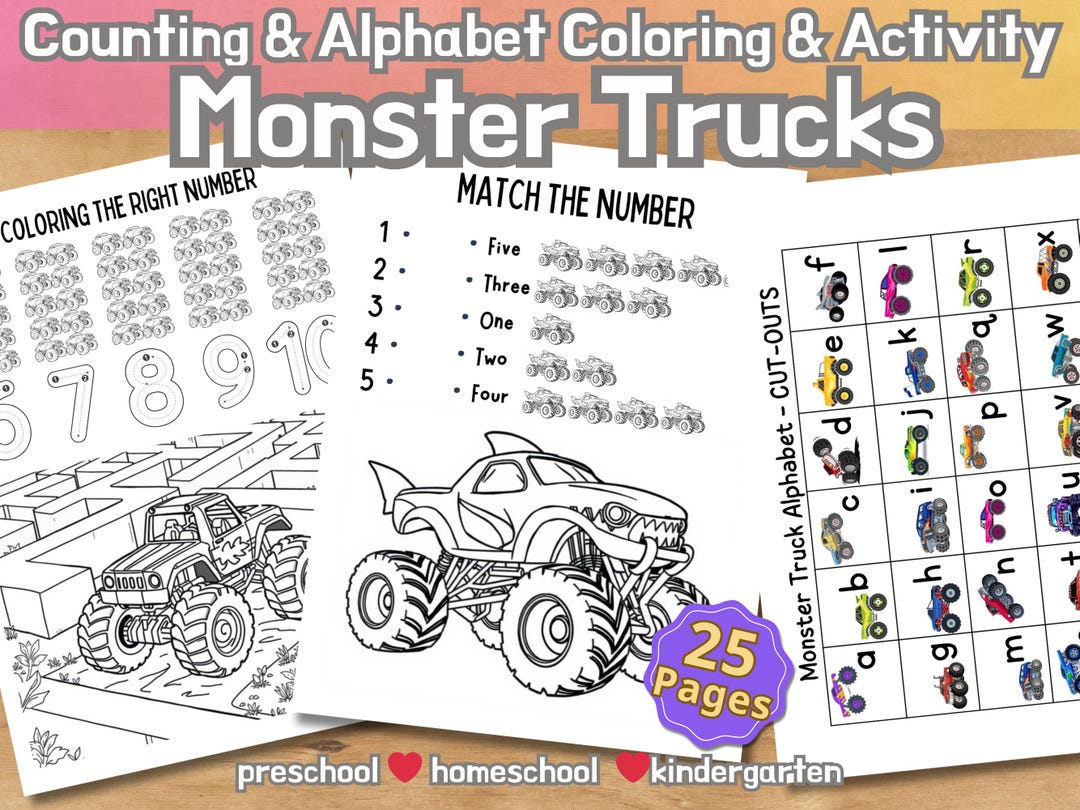 Monster Truck Coloring & Activity Pages: Alphabet, Counting (digital ...