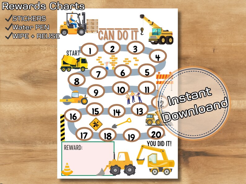 Construction Trucks Reward Chart: Kids Behavior Tracker (digital ...