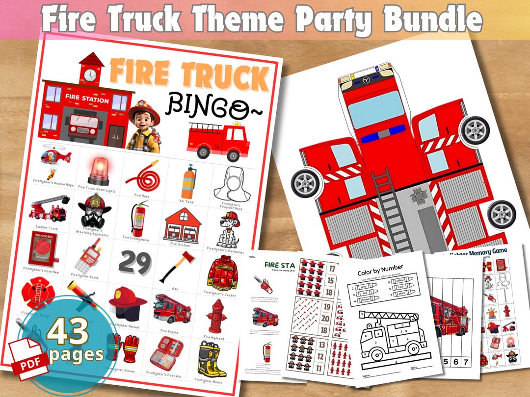 Firetruck Birthday Party Bundle: 43 Pages of Fun! Bingo, Activities, 3D ...