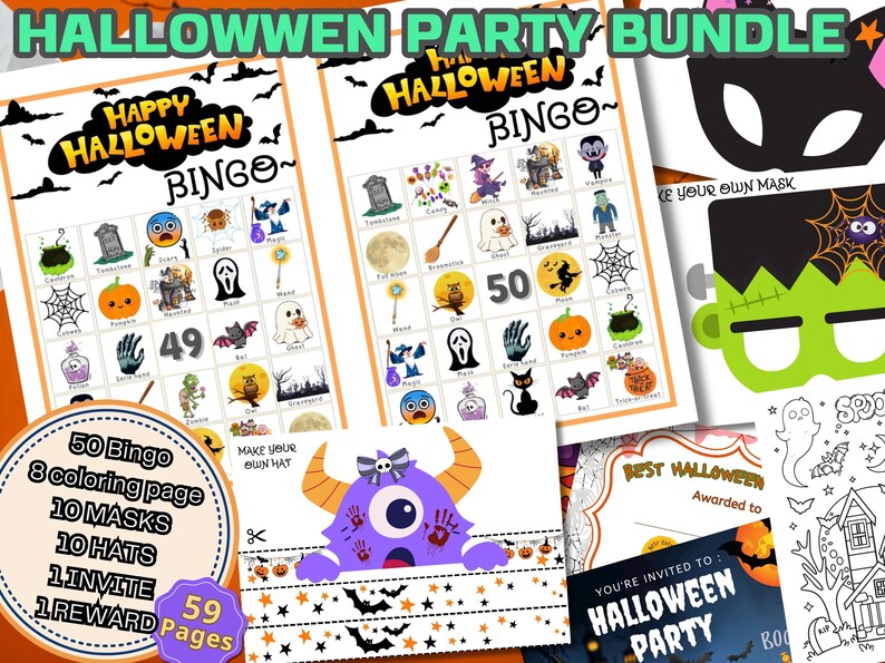 Halloween Party Bundle 50 Unique Printable Bingo Cards, Kids Crafts ...
