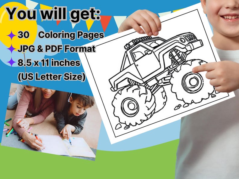 Monster Truck Coloring Book: 30 Printable Activity Pages (PDF Digital ...