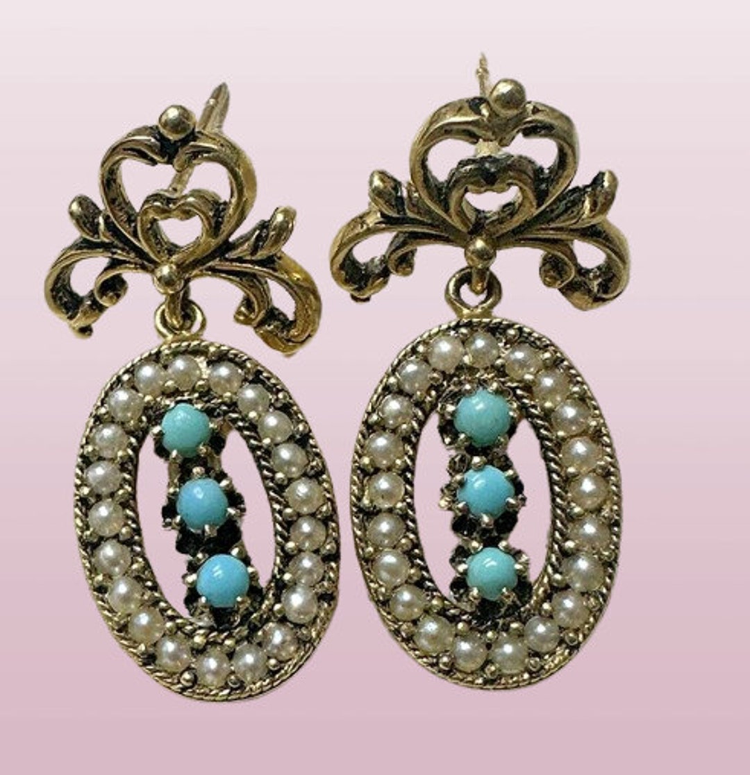 Victorian Pearls & Turquoise 14k Gold Pretty Pierced Dangle Earrings 1 ...