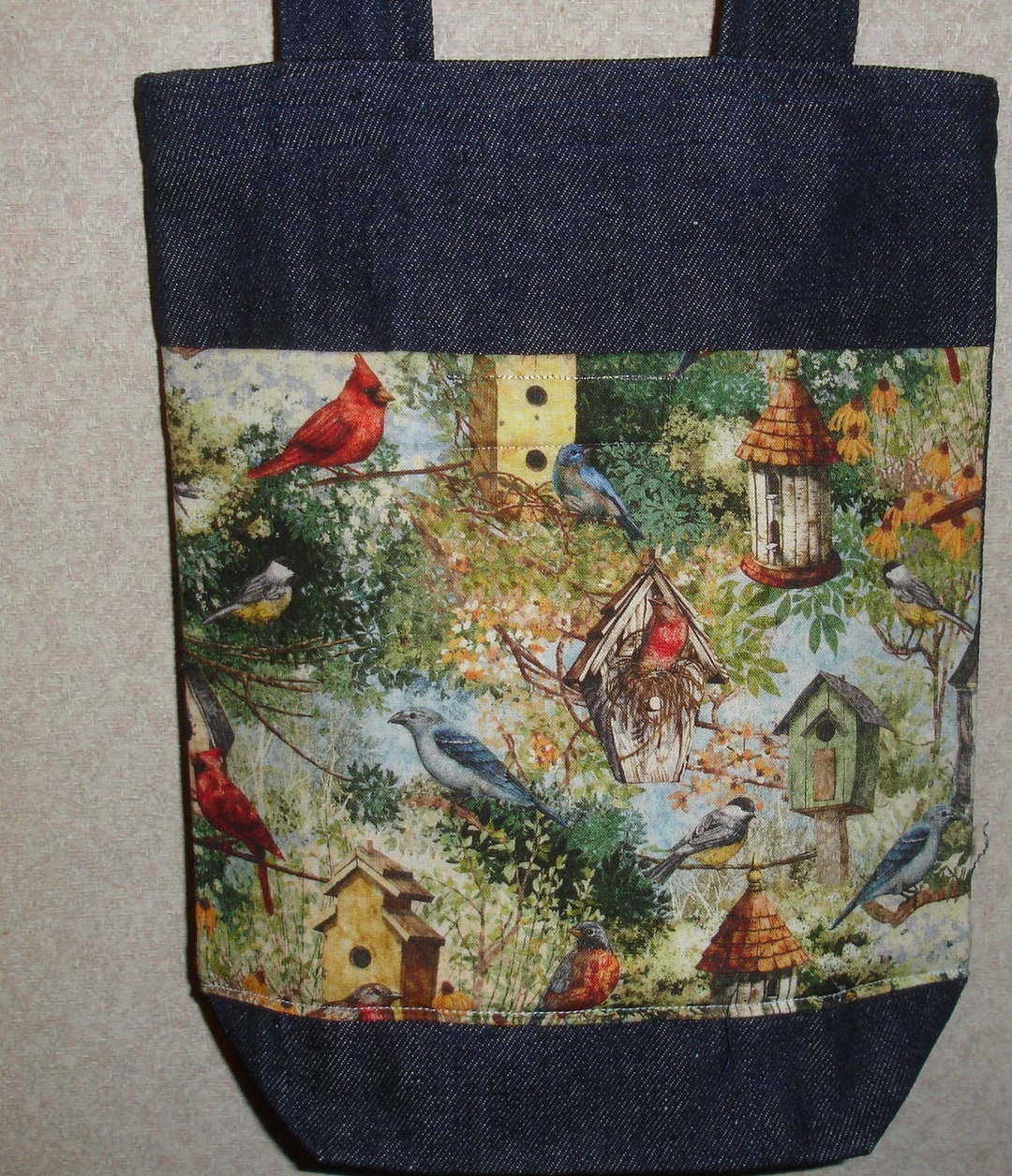 New Small Handmade Birds Birdhouse Backyard Birds Denim Tote Bag Purse ...