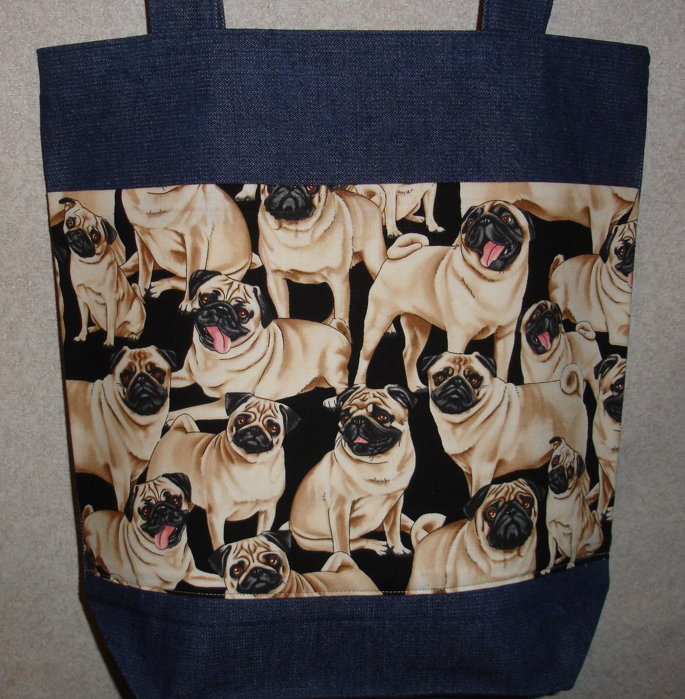 New Handmade Large Pugs All Over Dogs Pets Denim Tote Bag - Etsy