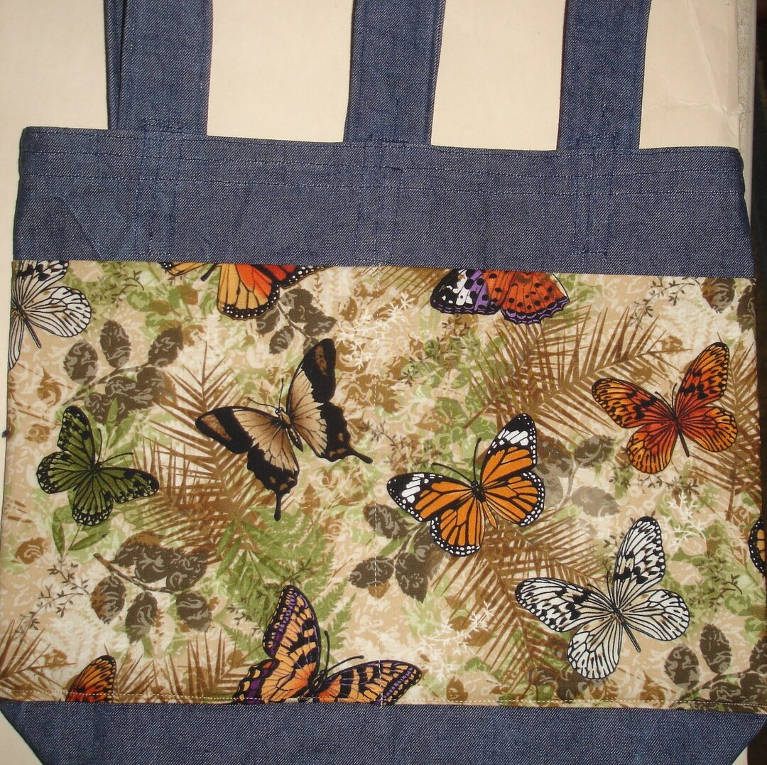 New Handmade Denim Walker Bag Botanical Garden Colorful Butterfly Ferns ...