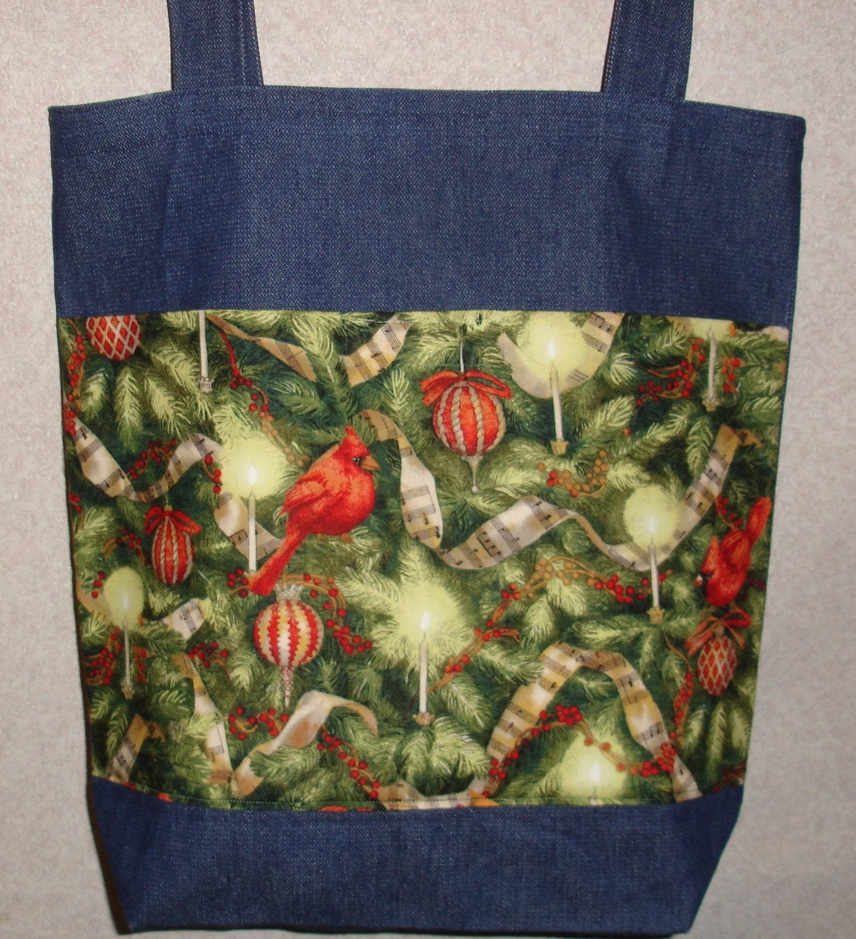 New Handmade Christmas Tree Cardinal Greenery Music Holiday Large Denim ...