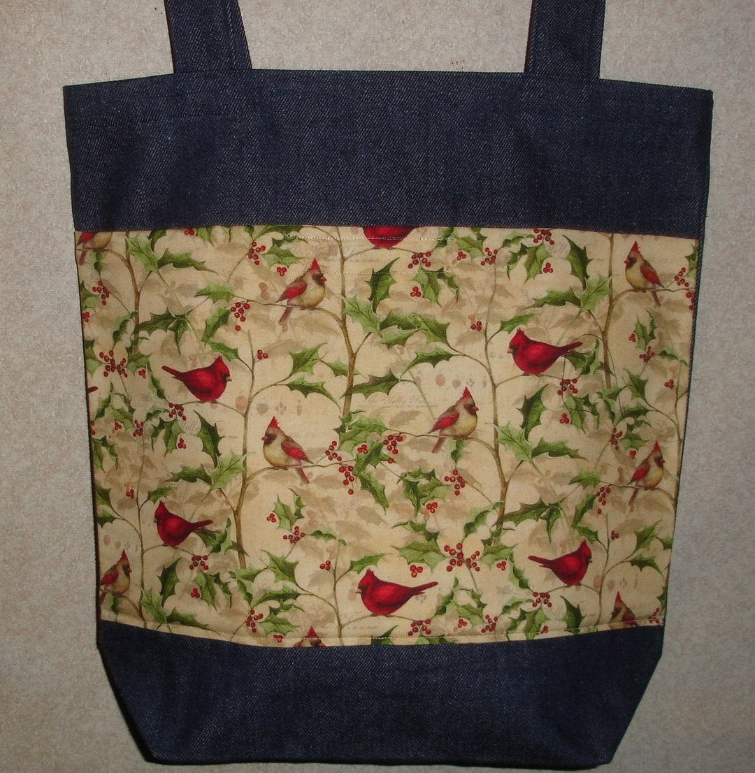 New Large Handmade Christmas Cardinal Holly Beige Bkgd Denim Tote Bag ...