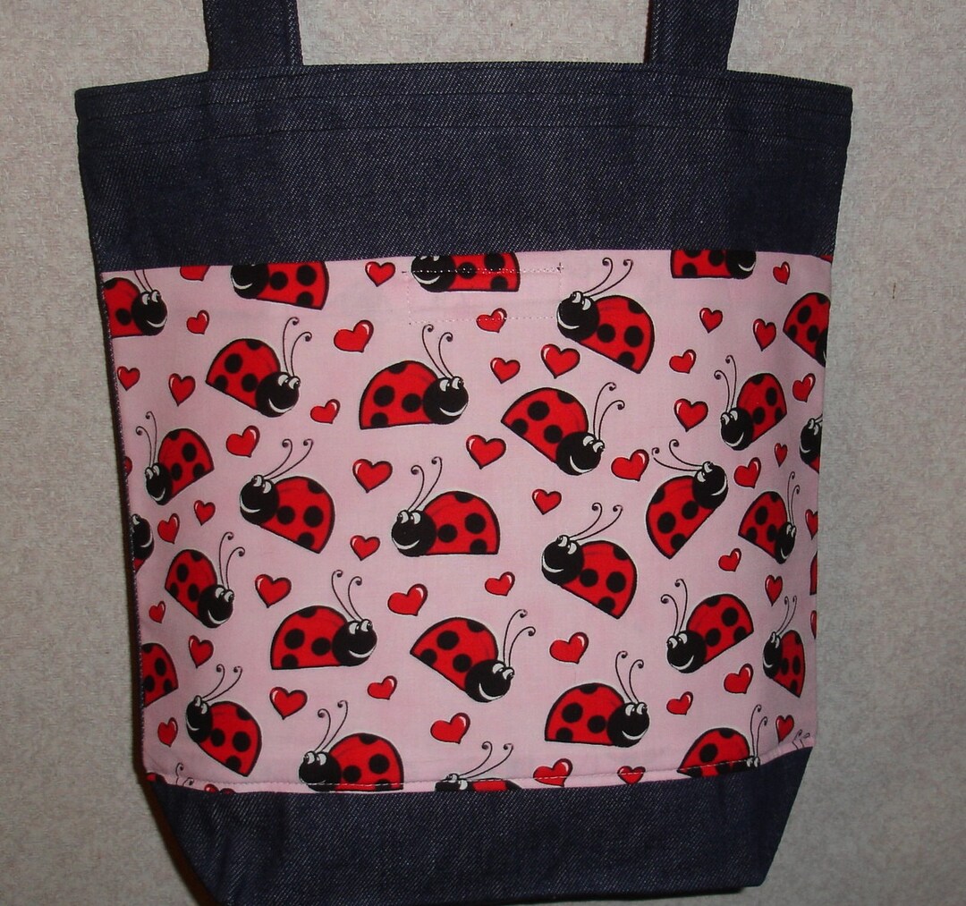 New Medium Handmade Big Ladybugs Lady Bug on Pink Background Denim Tote ...