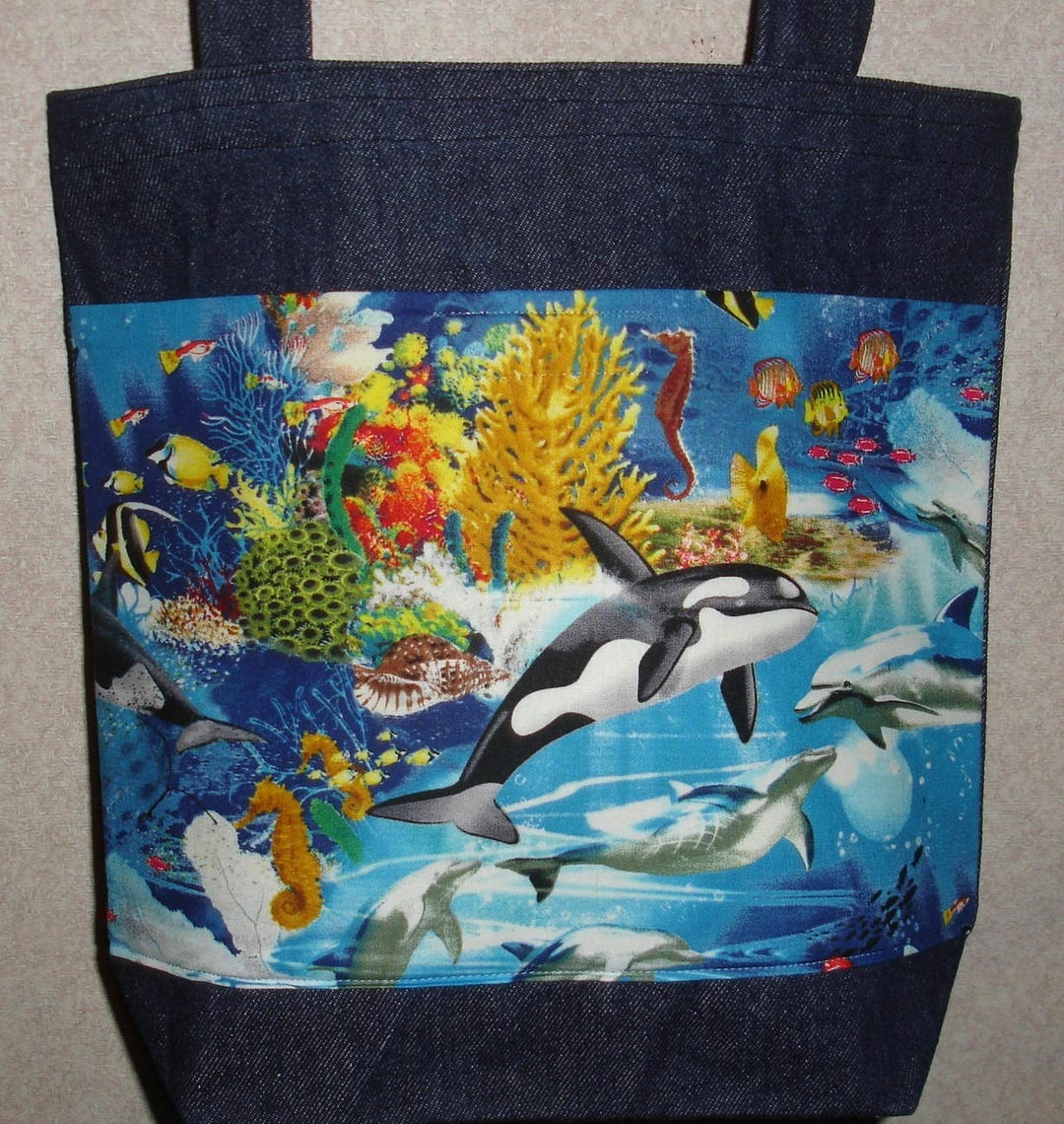 New Medium Handmade Tropical Whale Reef Ocean Beach Denim Tote Bag - Etsy
