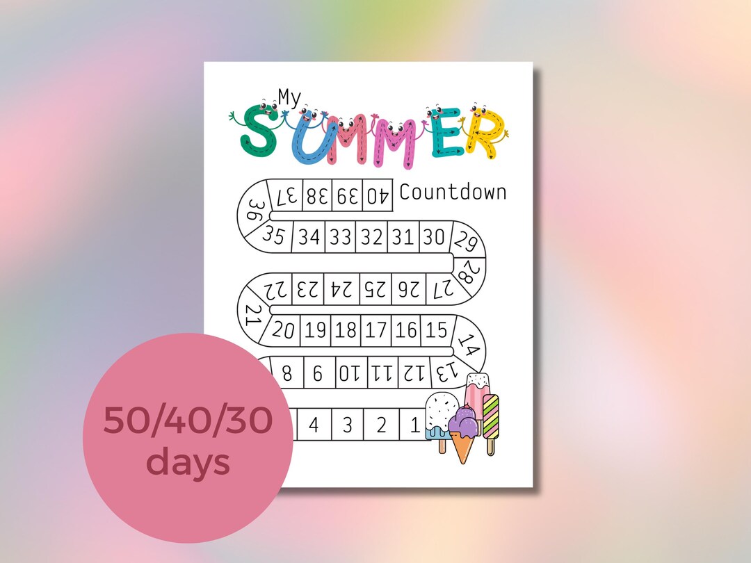 Summer Break Countdown for Kids Printable Holiday Calendar for Girl ...