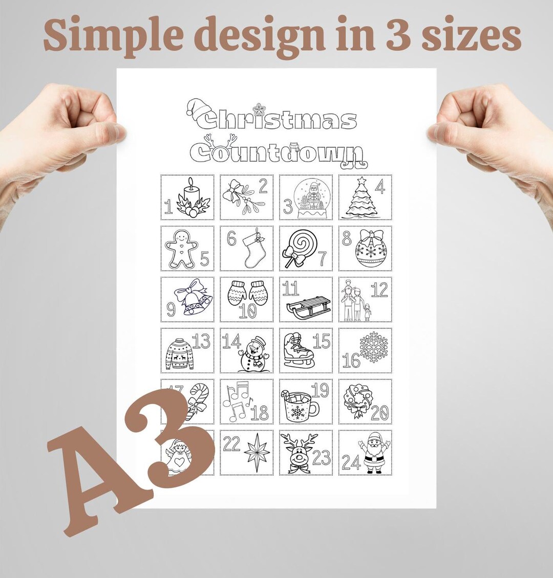 Printable Christmas Countdown, Coloring PDF Page 2 Designs, A3, A4 ...