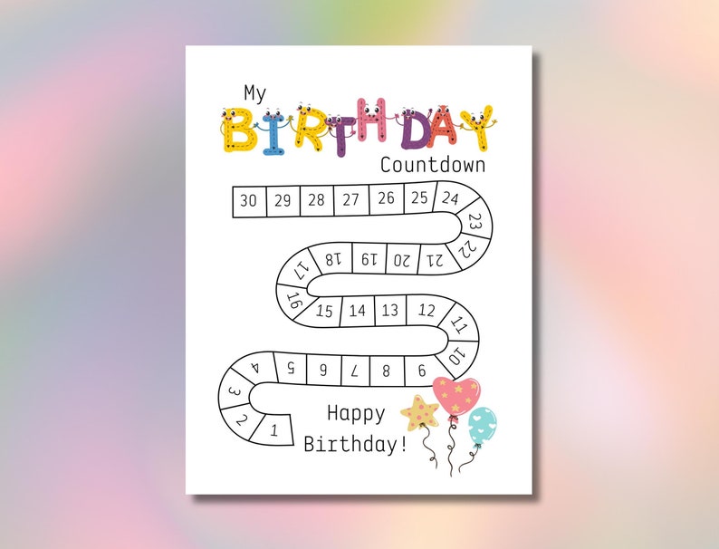 Birthday Countdown for Kids Printable 30 Days Calendar Funny PDF Page B ...