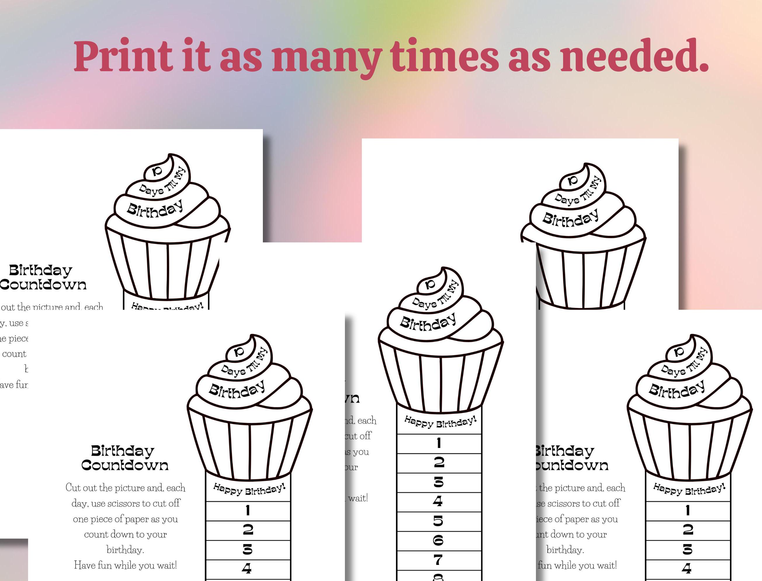 Cupcake Birthday Countdown for Kids Printable 10 Days Calendar Cut off ...