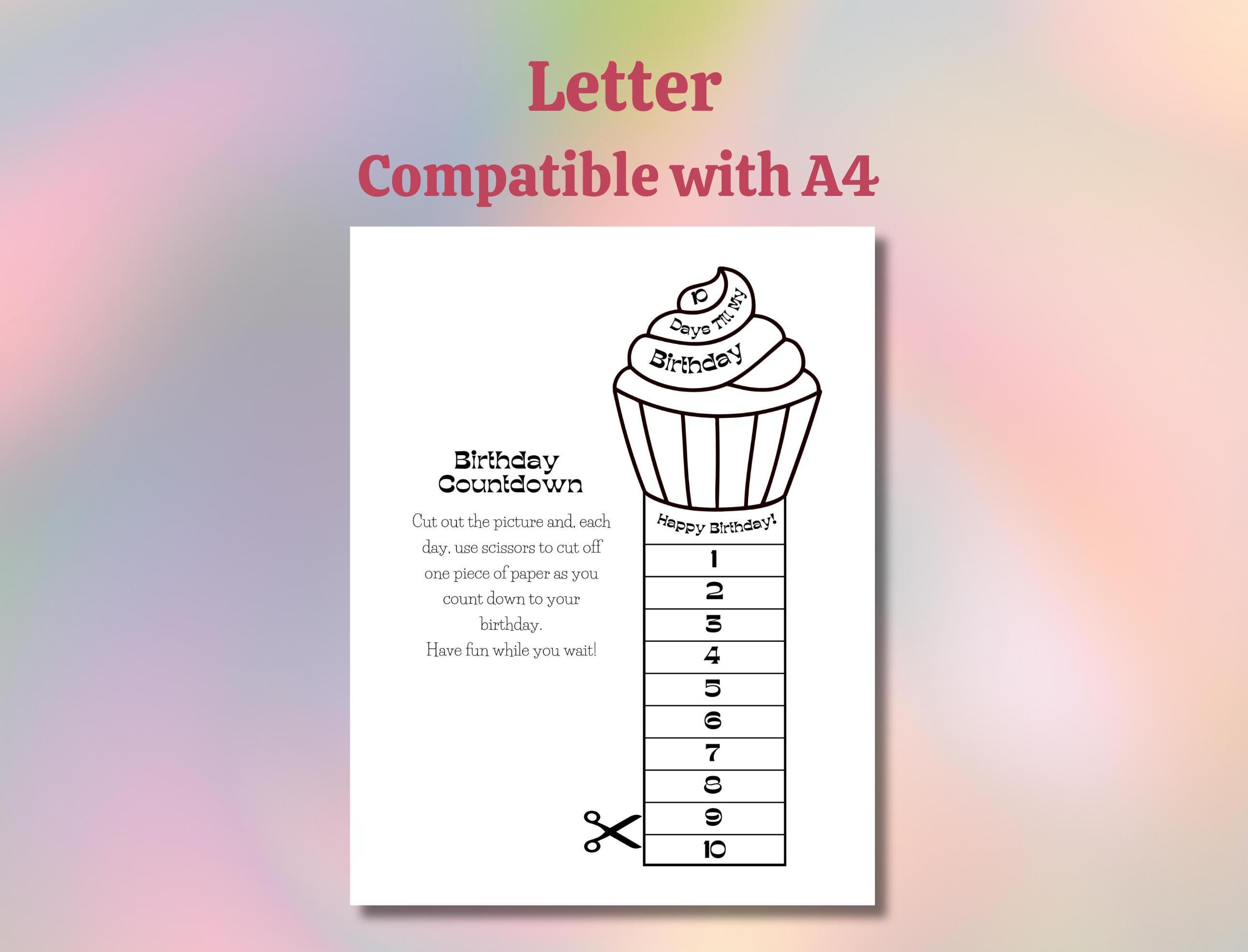 Cupcake Birthday Countdown for Kids Printable 10 Days Calendar Cut off ...