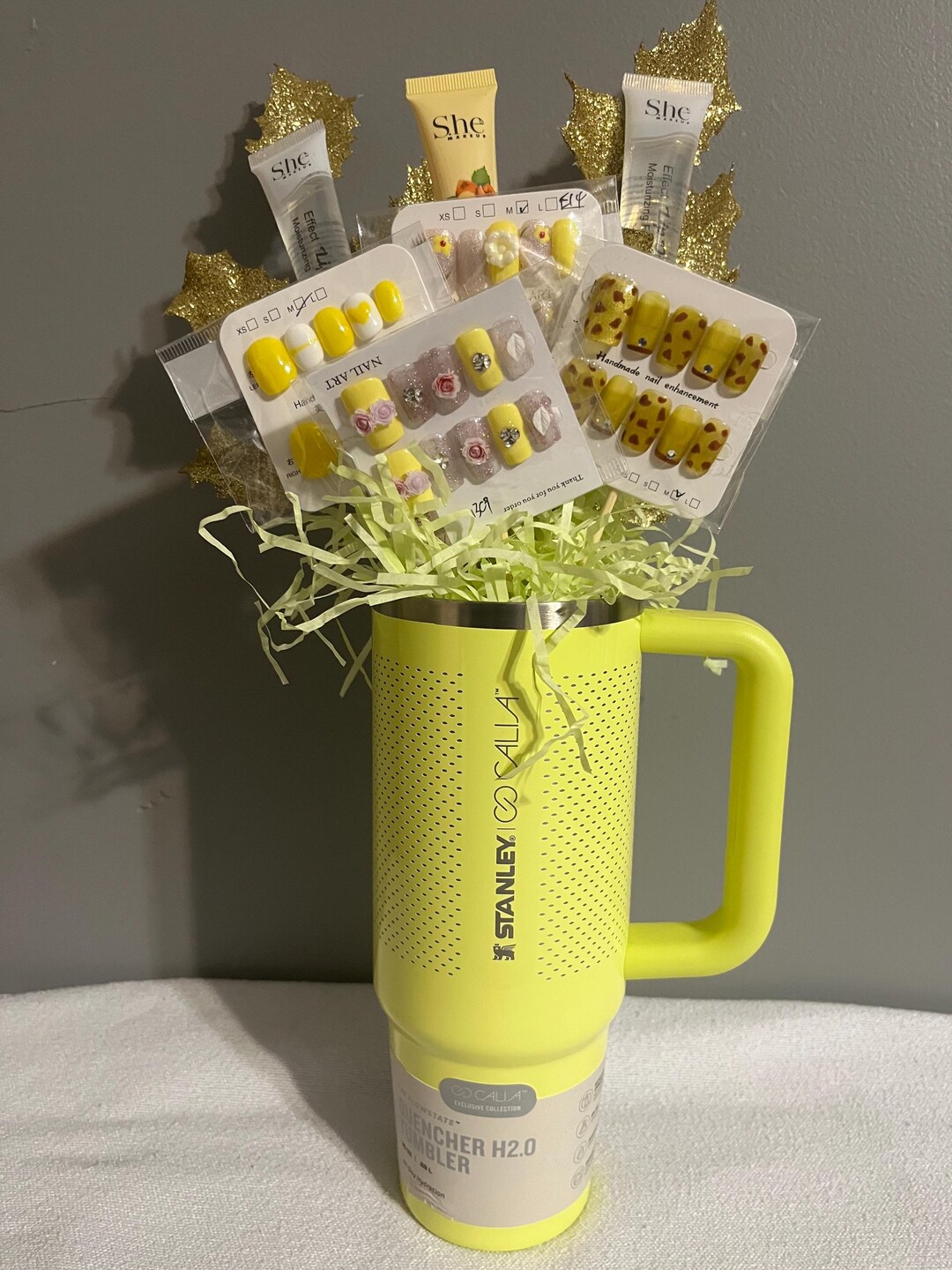 Brand New Neon Yellow Stanley Tumbler Cup Basket Press on Nails and Lip ...