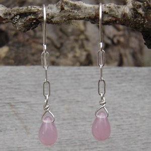 Long Pink Glass Drop Earrings, Teardrop, Gift for Her Silver Chain Pink ...