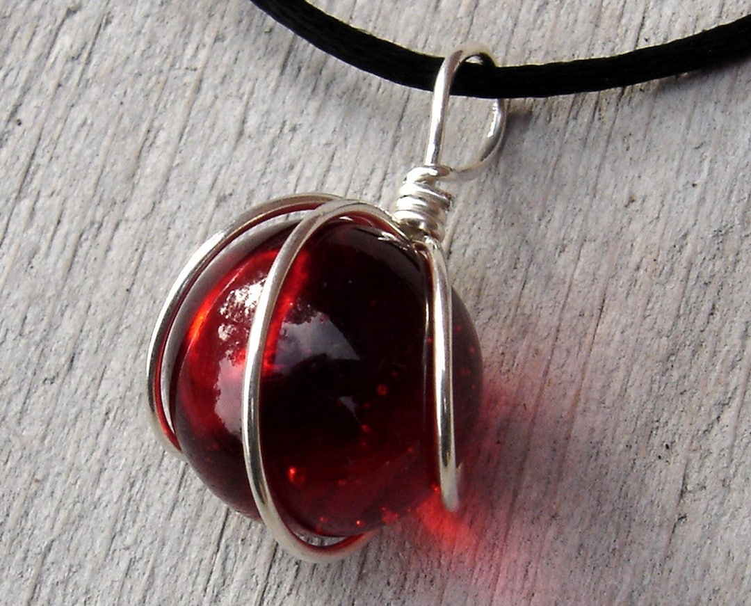 Ruby Red Glass Marble Pendant Necklace, Sterling Silver Wire Wrap - Etsy