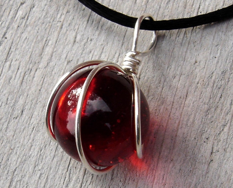 Ruby Red Glass Marble Pendant Necklace, Sterling Silver Wire Wrap - Etsy