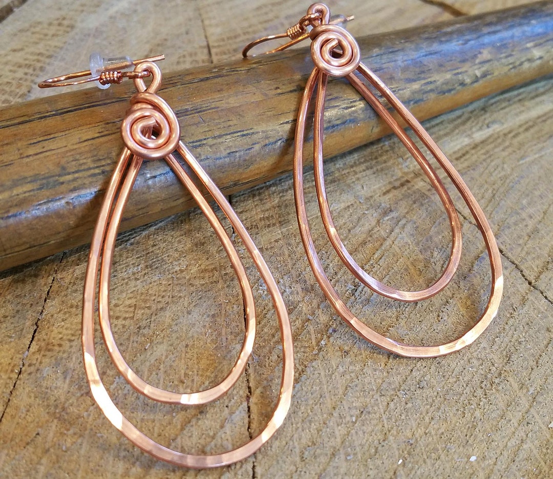 Long Copper Double Teardrop Hoop Earrings, Copper Earrings, Long ...