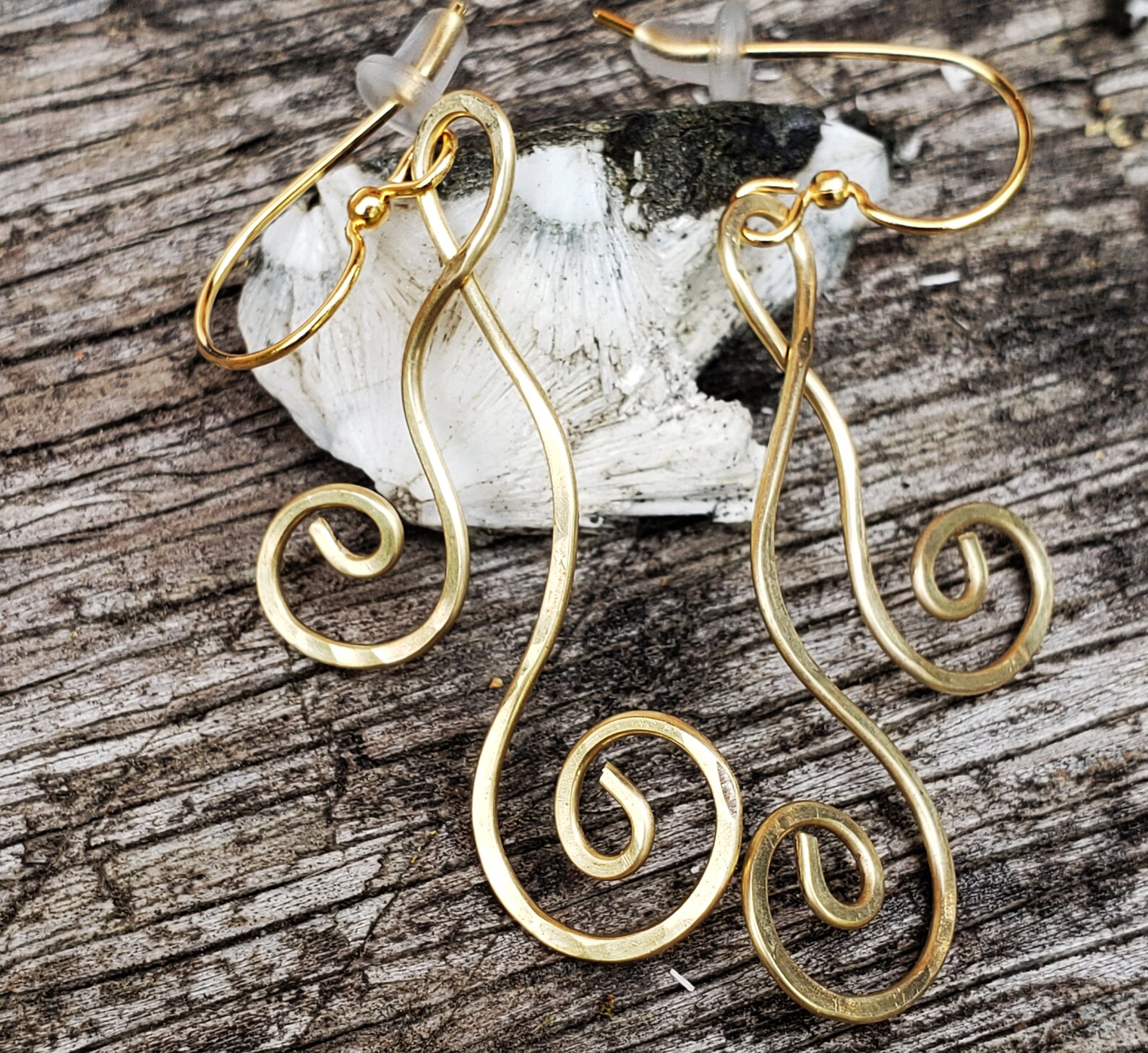 Brass Swirl Dangle Earrings, Dancing Double Curl Spirals Long Earrings ...