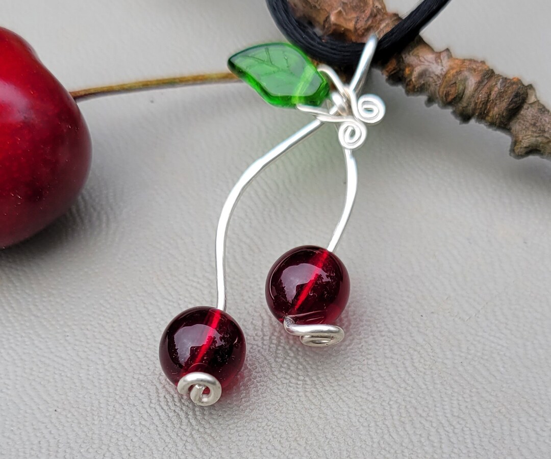 Cherry Pendant- Sterling Silver Wire Cherry Necklace, Red Glass Beads ...