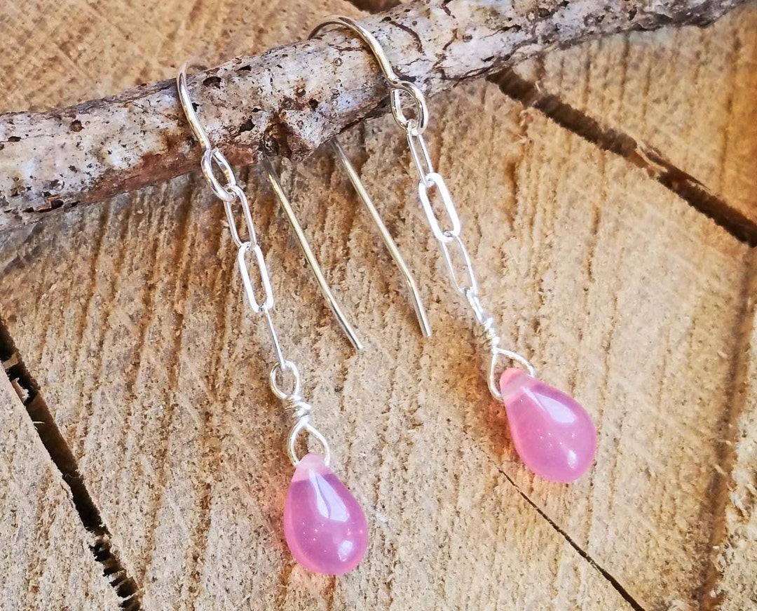 Long Pink Glass Drop Earrings, Teardrop, Gift for Her Silver Chain Pink ...