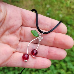 Cherry Pendant- Sterling Silver Wire Cherry Necklace, Red Glass Beads ...
