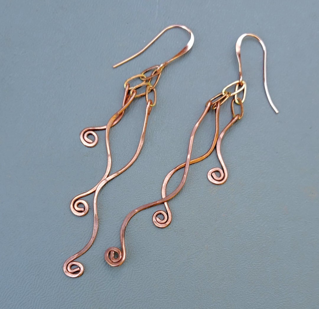 Long Copper Dangle Earrings: Tangle Dangle Swinging Vines Fringe ...