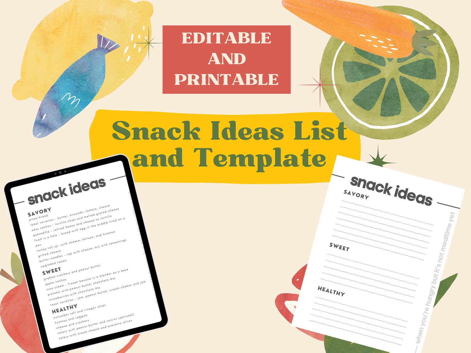 Snack Ideas List and Template - Editable and Printable - Digital ...