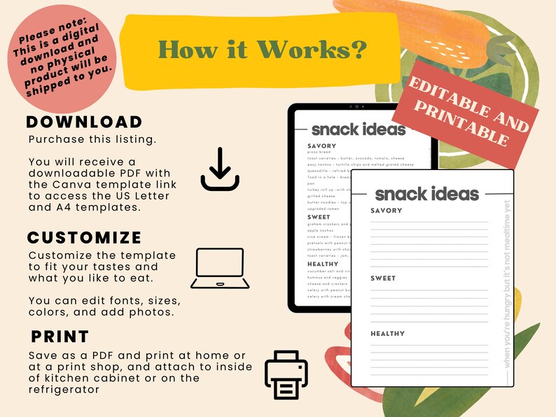 Snack Ideas List and Template - Editable and Printable - Digital ...