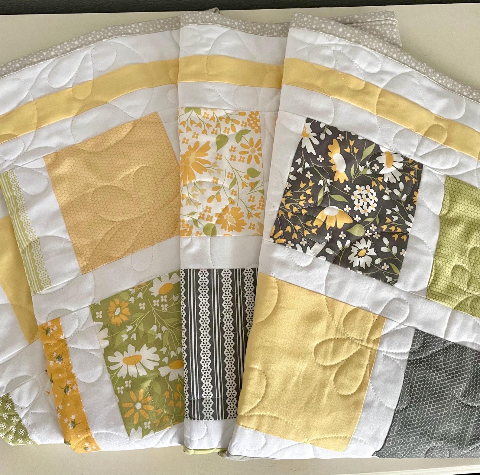 Handmade Yellow, Gray & Green Baby Quilt for Nursery, Crib, Toddler ...