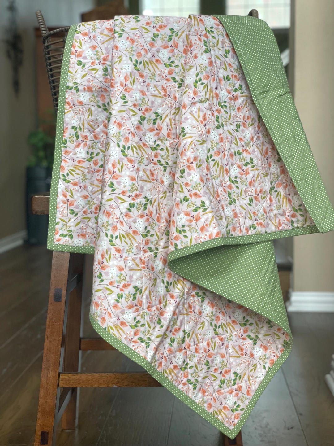Handcrafted Floral Whole Cloth Baby Quilt: Crib Blanket for Nursery ...